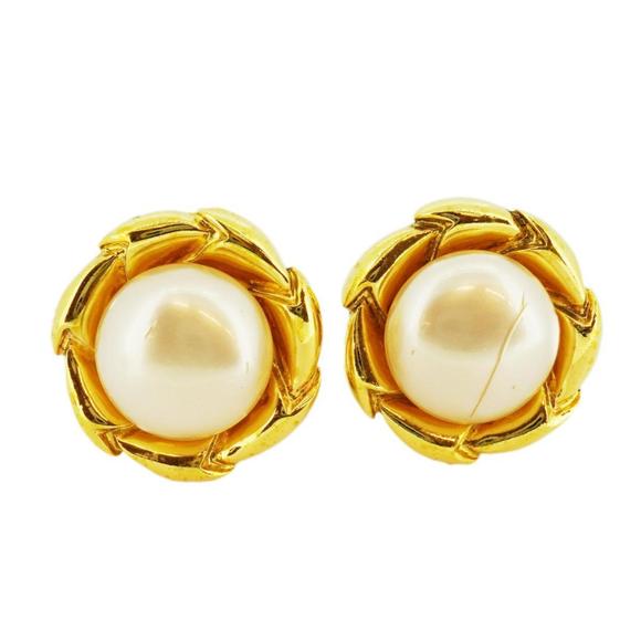 CHANEL | Jewelry | Chanel Earrings Circle Fake Pearl Gp Plated Gold 93a ...